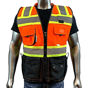 REXZUS (C Vest Mens Class 2 Black Series Safety Vest With Zipper and Utility Pockets Premium Black Series Surveyors Vest (Medium, Orange/Black)