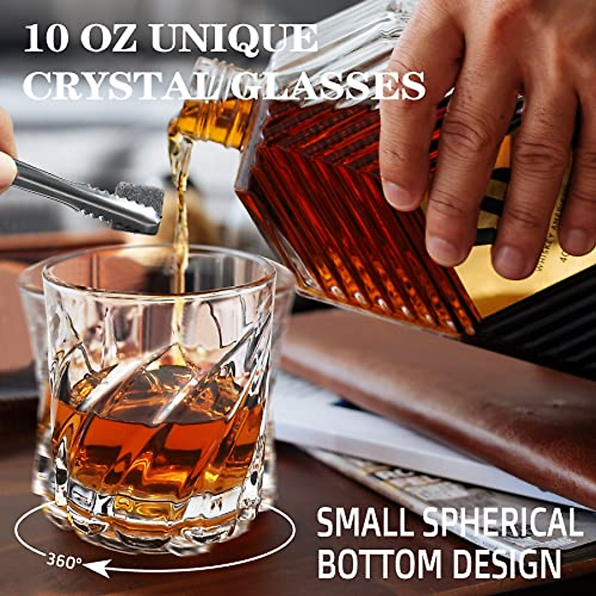 Fortuning's JDS Whiskey Glass Set for Father's Day, 2 Rotatable Whisky Glasses as Retirement Gifts with 10 Oz Old Fashioned Scotch Liquor Glasses, Ideal Whiskey Gift for Men, Husband