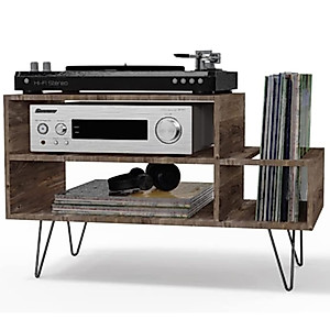 Gtouse Large Record Player Stand with 3 Cabinet, Mid-Century 3 Tier Display Stand Record Storage Turntable Stand Table with Metal Hairpin Legs for Living Room Bedroom Office, 34 x 18 x 21inches