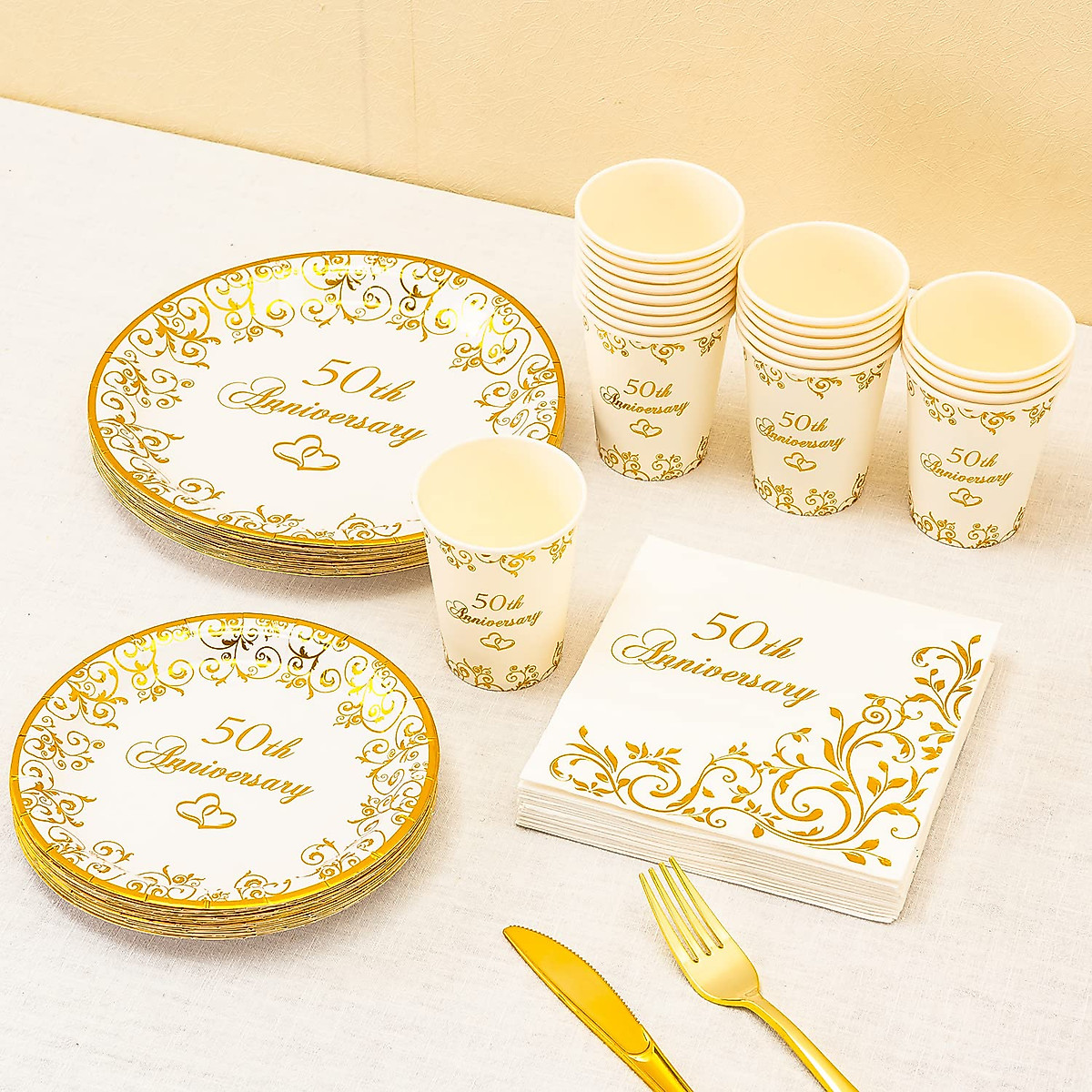 Crisky Gold Foil 50th Anniversary Napkins Plates Cups Set for 50th Anniversary Party Decorations Party Supplies Tableware, Set of 24 (9" Plates,7" Plates, Luncheon Napkins, 9oz Cups)