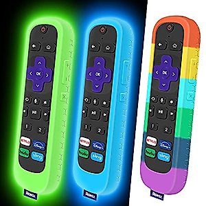 3 Pack Case for Roku Voice Remote Pro,Cover Roku Ultra 2020/2019/2018 Remote Control Silicone Protective Controller Back Sleeve Holder Replacement Skin New Protector-Glow Blue,Glow Green,Rainbow
