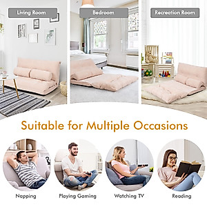COSTWAY Convertible Floor Sofa Couch with 2 Waist Pillows, Folding 6-Position Adjustable Loveseat with Corduroy Fabric, Metal Frame, Upholstered Floor Couch Lounge for Reading Playing Gaming (Brown)