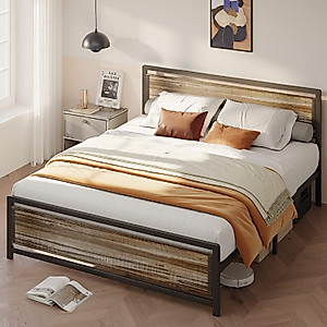 Gizoon Queen Metal Platform Bed with Wooden Headboard, 15 Inch Iron Slats, Large Under-Bed Storage, No Noise, No Box Spring Needed, Easy Assembly, Grey