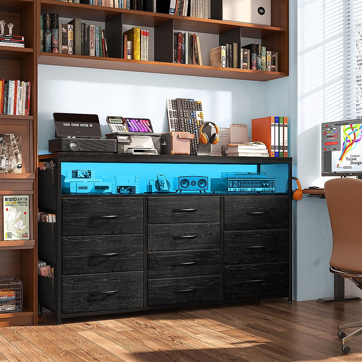 EnHomee 10 Drawer Dresser for Bedroom with Wood Open Shelves，55" TV Stand for Bedroom with Power Outlets and LED Lights，Fabric Dressers & Chest of Drawers with Side Pocket，Living Room，Closet，Black