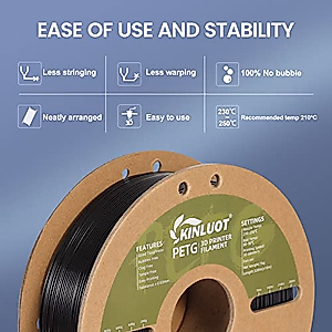 KINLUOT PETG Filament 1.75mm 3D Printer Filament, Easy to Print, Dimensional Accuracy +/- 0.03 mm, 1kg Cardboard Spool (2.2lbs), Fit Most FDM Printer (Black)