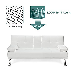 POWERSTONE Leather Futon Sofa Bed Convertible Folding Couch for Living Room Sectional Sleeper Sofa for Small Space with Cup Holder and Removable Armrest White