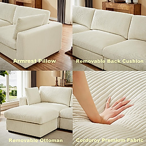 HOLYFIND 130" Oversized Sectional Sofa,L Shaped Couch for Living Room,Modern Corduroy Modular Sofa,Deep 4 Seat Sofa Sleeper with Moveable Ottoman and Two Pillows (Beige, L Shape Sofa)