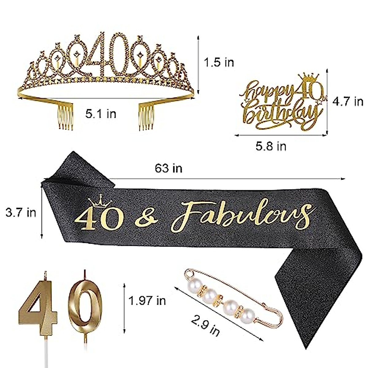 40th Birthday Decorations for Women，Gold 40 Birthday Crown Tiara ，Cake Topper, 40 & Fabulous Birthday Sash with Peal Pin and Birthday Candles Kit,40th Birthday Gifts for Women