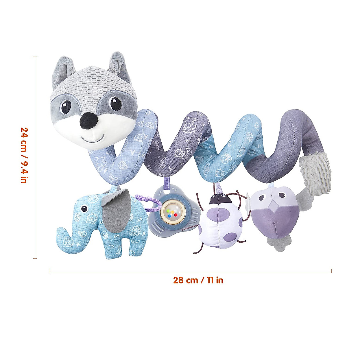 HILENBO Car Seat Toys, Infant Baby Spiral Activity Hanging Toys for Car Seat Stroller Crib Bassinet Mobile with Music Box BB Squeaker Rattles-Gray Fox