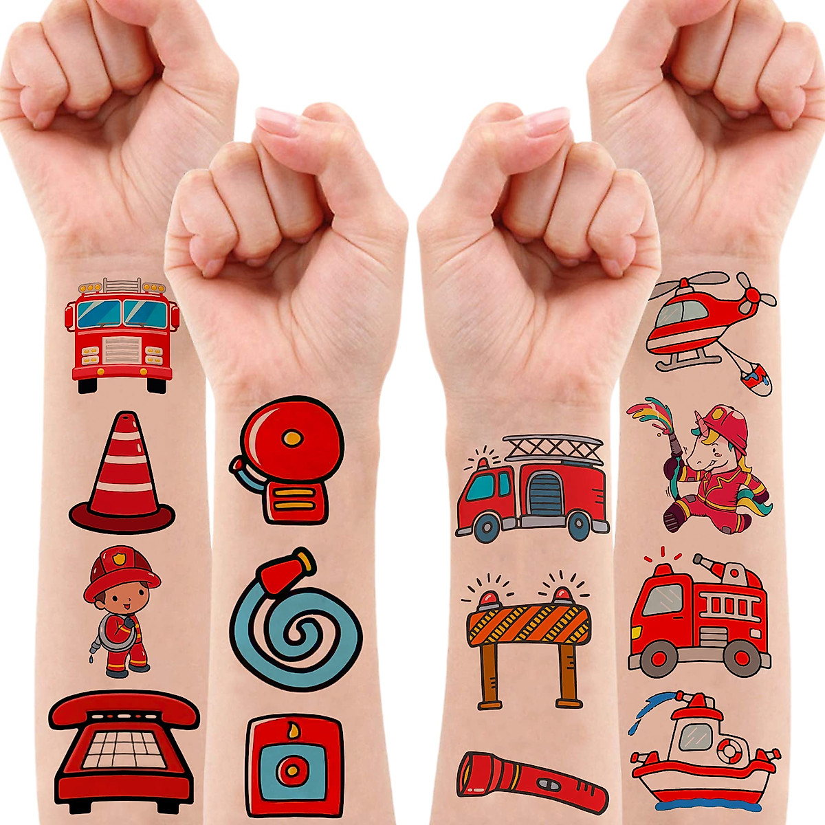 (96 PCS) Firefighter Fire Truck Fireman Temporary Tattoos Themed Birthday Party Decorations Favors Supplies Cute Tattoo Stickers For Children Boys Girls Games School Gifts Rewards Home Activity