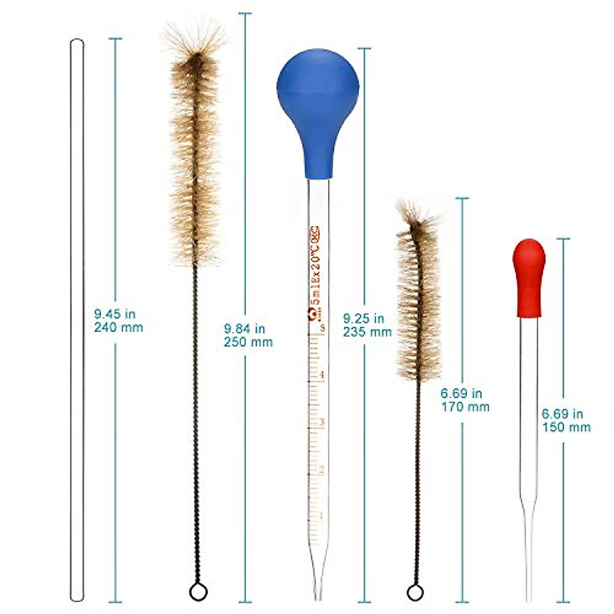 StonyLab Graduated Cylinder Set, 12 Pcs - Include 5 Borosilicate Glass Measuring Cylinders in 5 ml/10 ml/25 ml/50 ml/100 ml,3 Pipettes, 2 Stirring Rods & 2 Clean Brushes