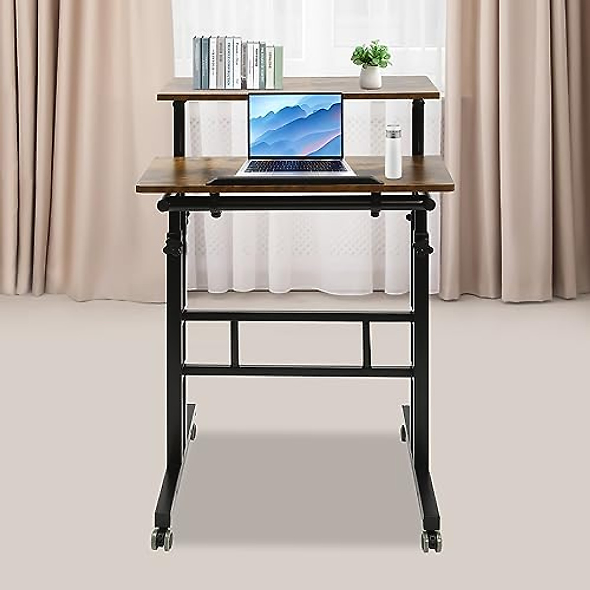 LOHISHILO Mobile Stand Up Desk Adjustable Laptop Desk with Wheels Storage Rolling Table Cart for Standing or Sitting, for Home Office Workstation, Iron-Brown, 27.5-45.3in