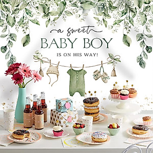 Rsuuinu Baby Shower Backdrop for Boys Greenery A Sweet Baby Boy is On The Way Photography Background Newborn Kids Boy Green Leaves Baby Shower Party Decorations Banner Supplies Photo Booth Props 7x5ft