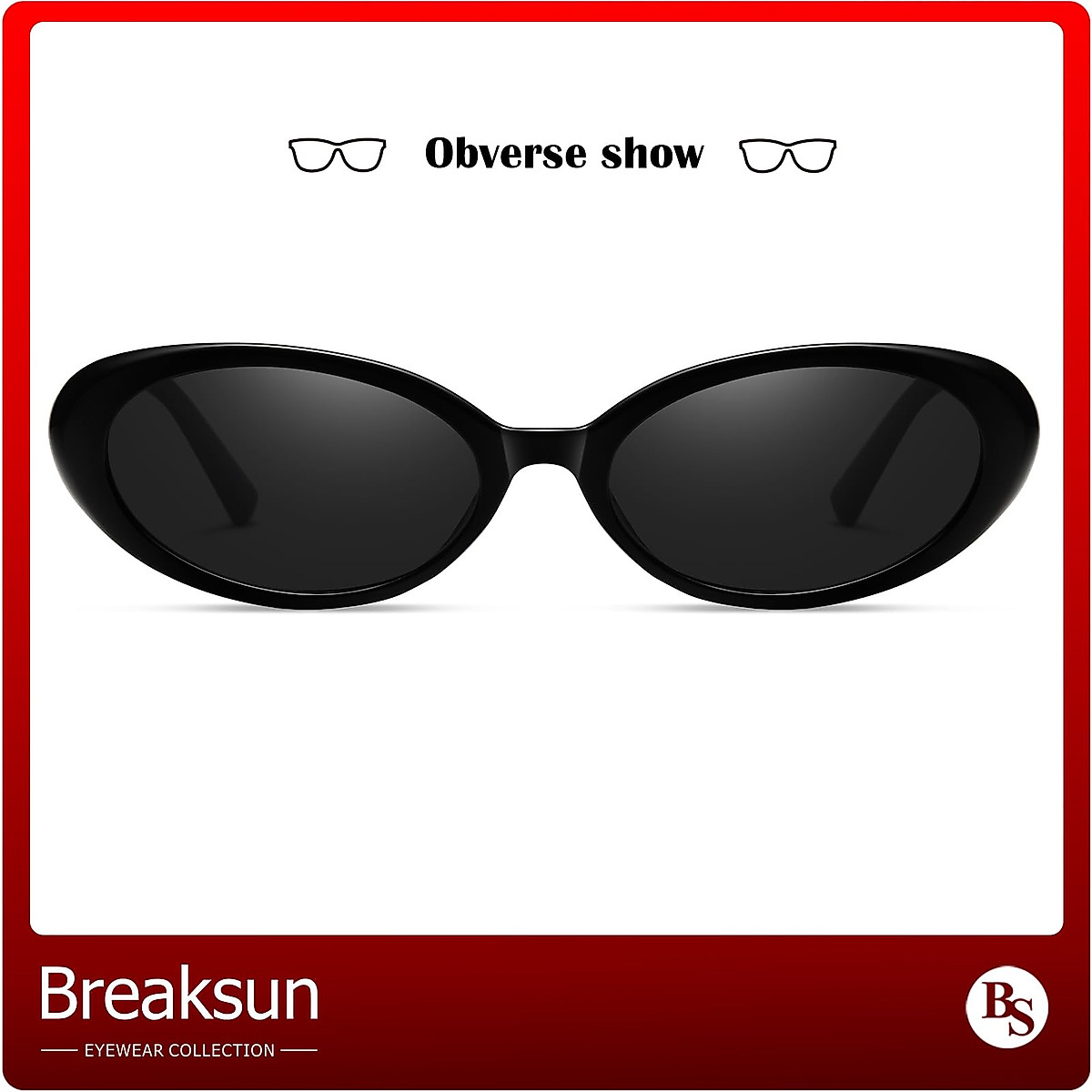 Breaksun Retro Oval Sunglasses for Women Men Fashion Small Oval Sunglasses 90s Vintage Shades (Black/Grey)