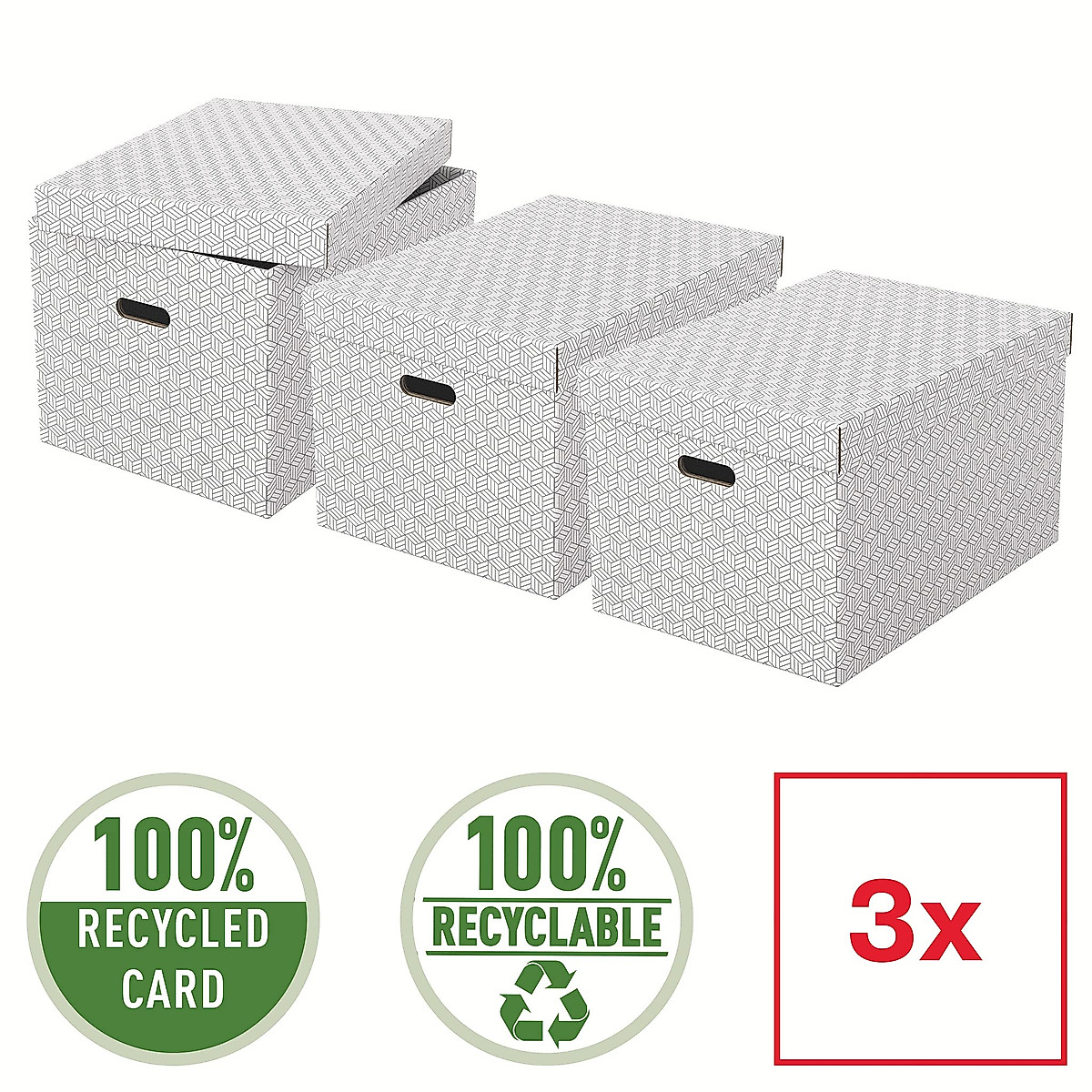 Esselte Large Storage Box With Lid, Pack Of 3, Home/Office Storage & Organisation, 100% Recycled Cardboard, 100% Recyclable, Geometric Design, White, 628286