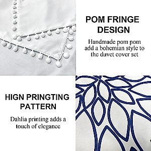 ORTIGIA Boho Pom Pom Fringe Duvet Cover Set Queen Size,Blue Dahlia Floral Duvet Cover Set Soft Washed Microfiber 1 Bed Cover (90"x90") with 2 Pillow Shams(20"x 26") 3 Pieces Comforter Cover