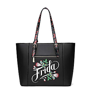 Frida Kahlo Flower Collection Licensed Large Tote Bag with Coin Purse (Black)