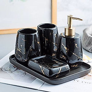 Bathroom Accessories Set Ceramic Soap Dispenser Toothbrush Holder Bathroom Tumbler Soap Dish Vanity Tray Bathroom Decor Modern Marble Print Countertop Accessory Set (Black 5-piece set)