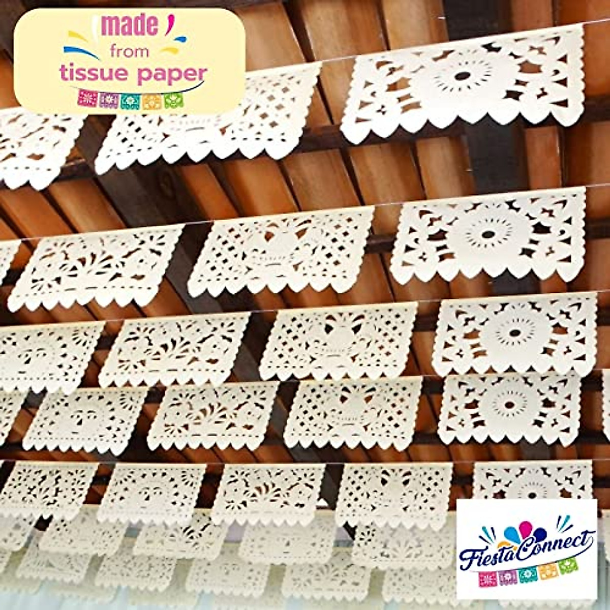 Cream Papel Picado Banners, Mexican tissue papel picado, Neutral weddings/fiesta party decorations, Off white Mexican cut out garland made from tissue paper, Pre-assembled on string for easy hanging ws001