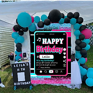 Happy Birthday Party Backdrop,Tic tok Birthday Decoration,Twinkle Pink Blue Backdrop,Musical Theme Party Supplies,Bling Pink Backdrop,Colorful Backdrop,Tic TOC Happy Birthday Banner with A Gift Pen