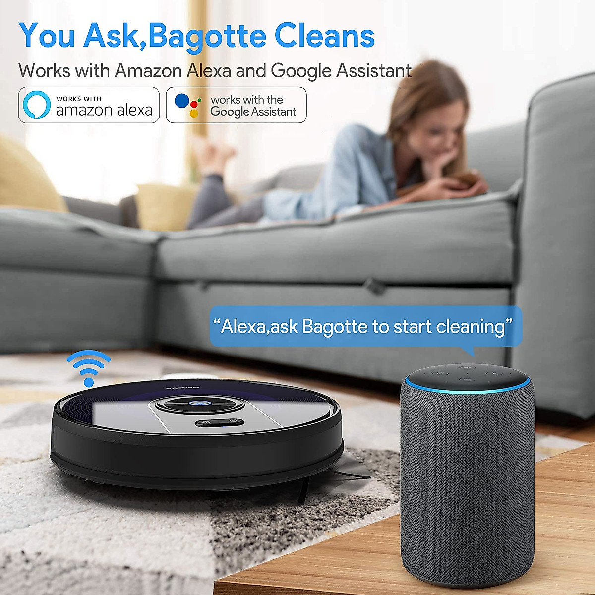 Bagotte BG800 Robot Vacuum Cleaner, Wi-Fi Connection Mapping, 2200Pa Suction, Alexa & App Control, Boundary Strips Included, Quiet, Self-Charging, Ideal for Pet Hair, Carpets, Hard Floor