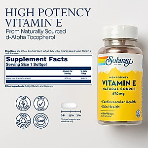 Solaray Vitamin E 1000 IU Softgels, 670 mg, d-Alpha Tocopherol, Healthy Skin, Cardiovascular Function, and Antioxidant Activity Support, Lab Verified, 60-Day Money-Back Guarantee, 60 Servings, 60 Softgels