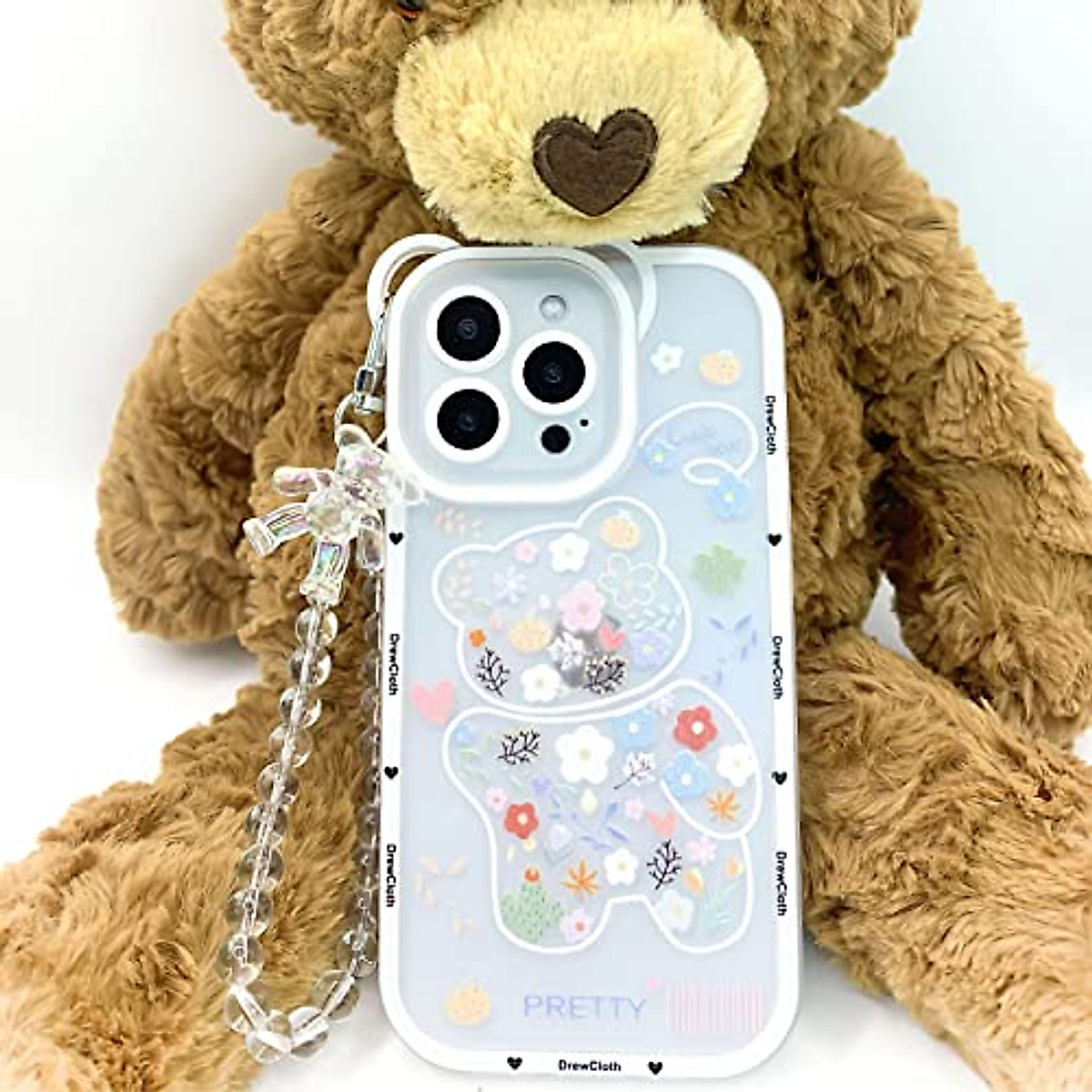 DrewCloth Kawaii Phone Case for iPhone 6/6s Plus with Cute Teddy Bear Wrist Strap & Aesthetic Cute Flower Bear Print Charm Floral Pretty Lovely Adorable Phone Cases for Girly Girls Women