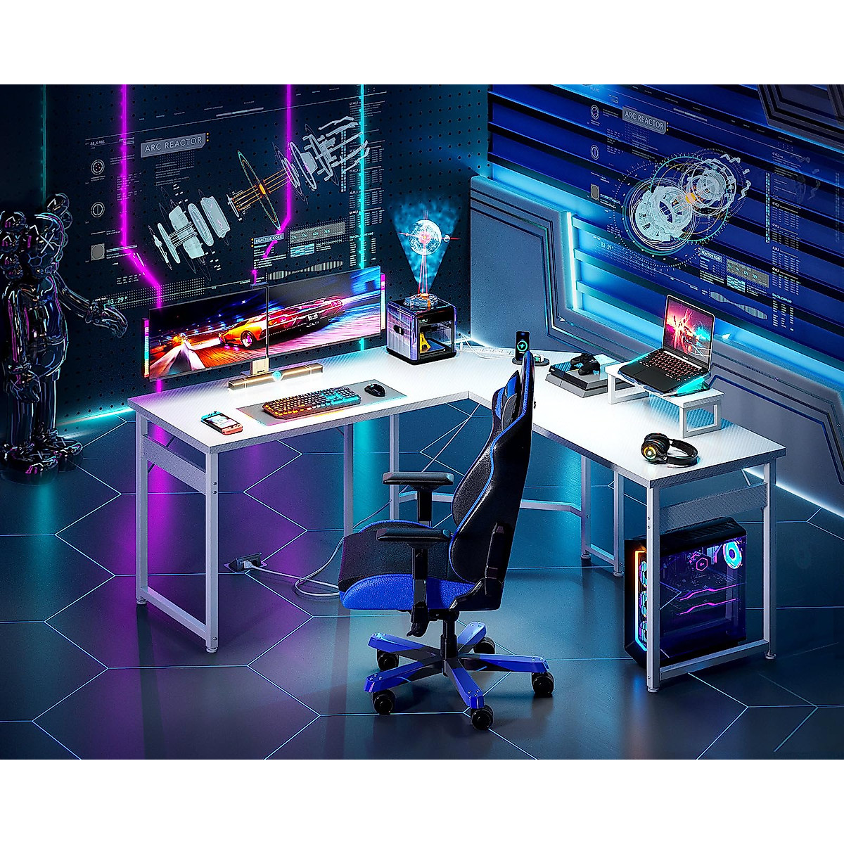 Casaottima L Shaped Gaming Desk, Corner Desk Gaming Table with Monitor Stand for Home Office, Computer Desk for Small Space, White