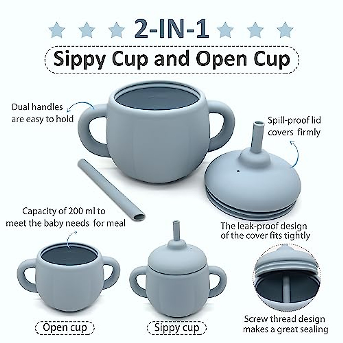 Santi & Me 2-1 Silicone Straw Cup for Baby, Spill-proof Sippy Cup for Babies 6-12-18 Month, Open Training Water Cups with Easy-Hold Handle, Baby Led Weaning Cups - BPA Free - 8.8oz (Dusty blue)