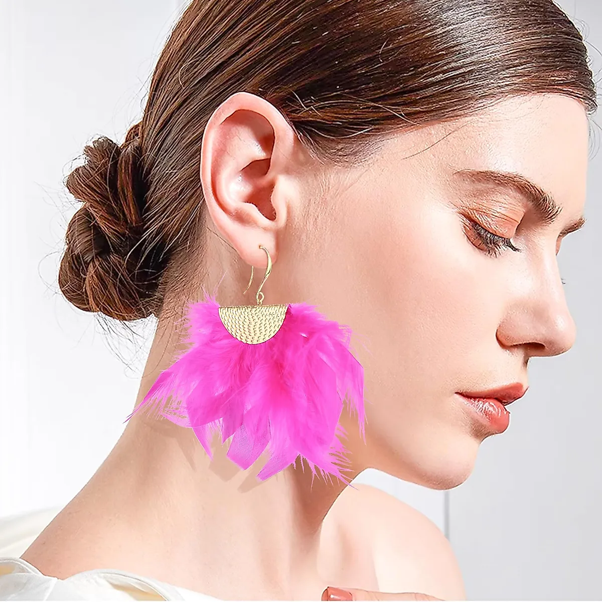 KELMALL Statement Fan Feather Dangling Earrings for Women, Bridal Wedding Party Proms Eye-catching Drop Dangle Earrings- Hot Pink