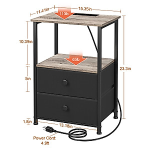 LOAKEKEL Night Stand Set 2, LED Nightstand with Charging Station, End Tables with Storage Shelf for Small Spaces, Bedside Table Side Tables with 2 Fabric Drawers for Bedroom, Greige, HETS02GY