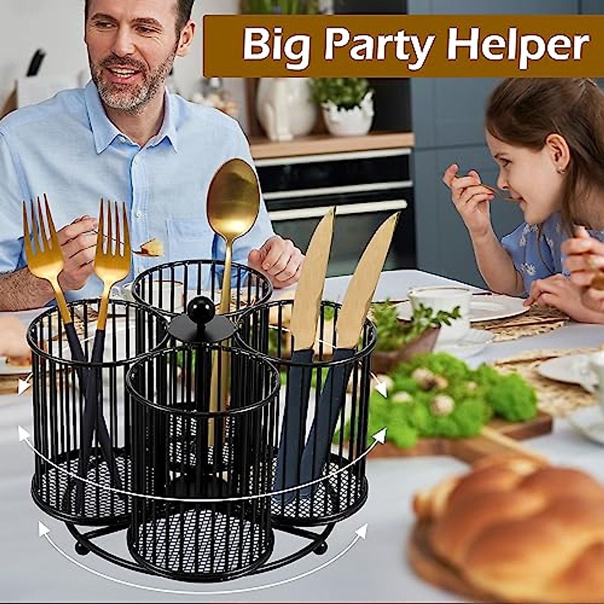 360° Rotating Metal Utensil Caddy, Utensil Organizer Holder 4 Compartment Flatware Storage Basket Portable Multipurpose Countertop Silverware Organizer for Kitchen Picnic Camping Outdoor (Black)