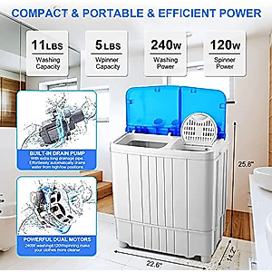 Nictemaw Washing Machine 16lbs Portalbe Washer and Dryer Combo 2-in-1 Compact Twin Tub Laundry Washer with Built-in Drain Pump 11lbs Washer and 5lbs Dryer Semi-automatic for Dorms, Apartments, RVs