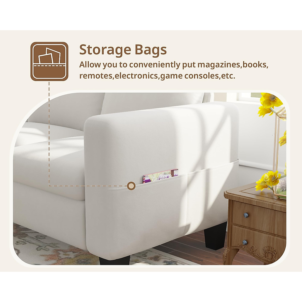 Woyomeub Sectional Sofa Couches for Living Room 78" L Shaped Sofas with Storage Ottoman Small 3 Seater Couch Velvet Fabric, Beige