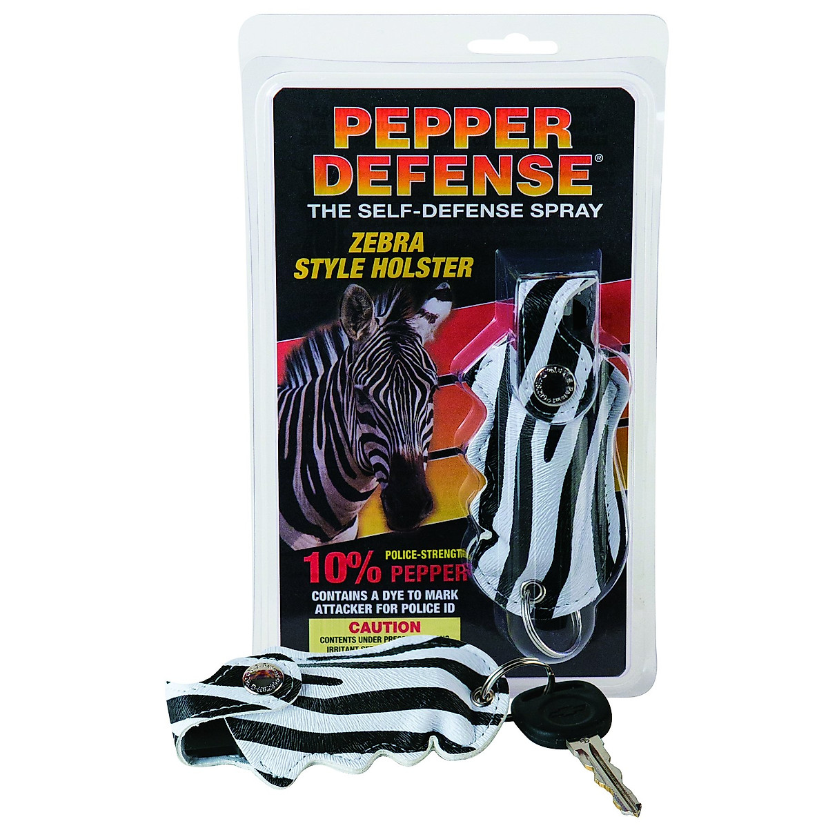 Pepper Defense 1/2 oz. Pepper Spray with Grip Holster and Keychain Attachment - Safety Twist Lock Glow Trigger - Maximum Strength 10% OC Formula - Self Defense Personal Protection (Zebra 1-Pack)