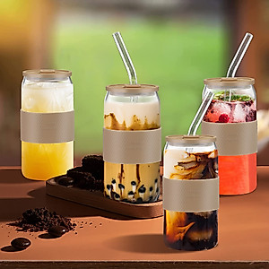 Vozoka Drinking Glasses with Silicone Lid and Glass Straws, 4 Set - 16oz Can Shaped Glass Cups, Beer Glasses, Iced Coffee Cups, Cute Tumbler Glass Cup for Whiskey Cocktail Coffee Gift