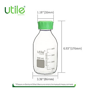 Utile Media Bottle, 3.3 Borosilicate Glass Bottles with GL45 Screw Caps, 4pcs of 500ml(16.9oz) Lab Media Bottles, PP Material Media Storage Bottle, 4038.0500.4