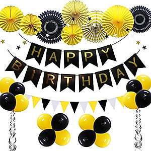 ADLKGG Yellow Black Party Birthday Decoration, Happy Birthday Banner with Balloons, Triangular Pennants, Hanging Swirls, Paper Fans, Circle Star Paper Garland for Baby Shower Bumble Bee Theme Birthday