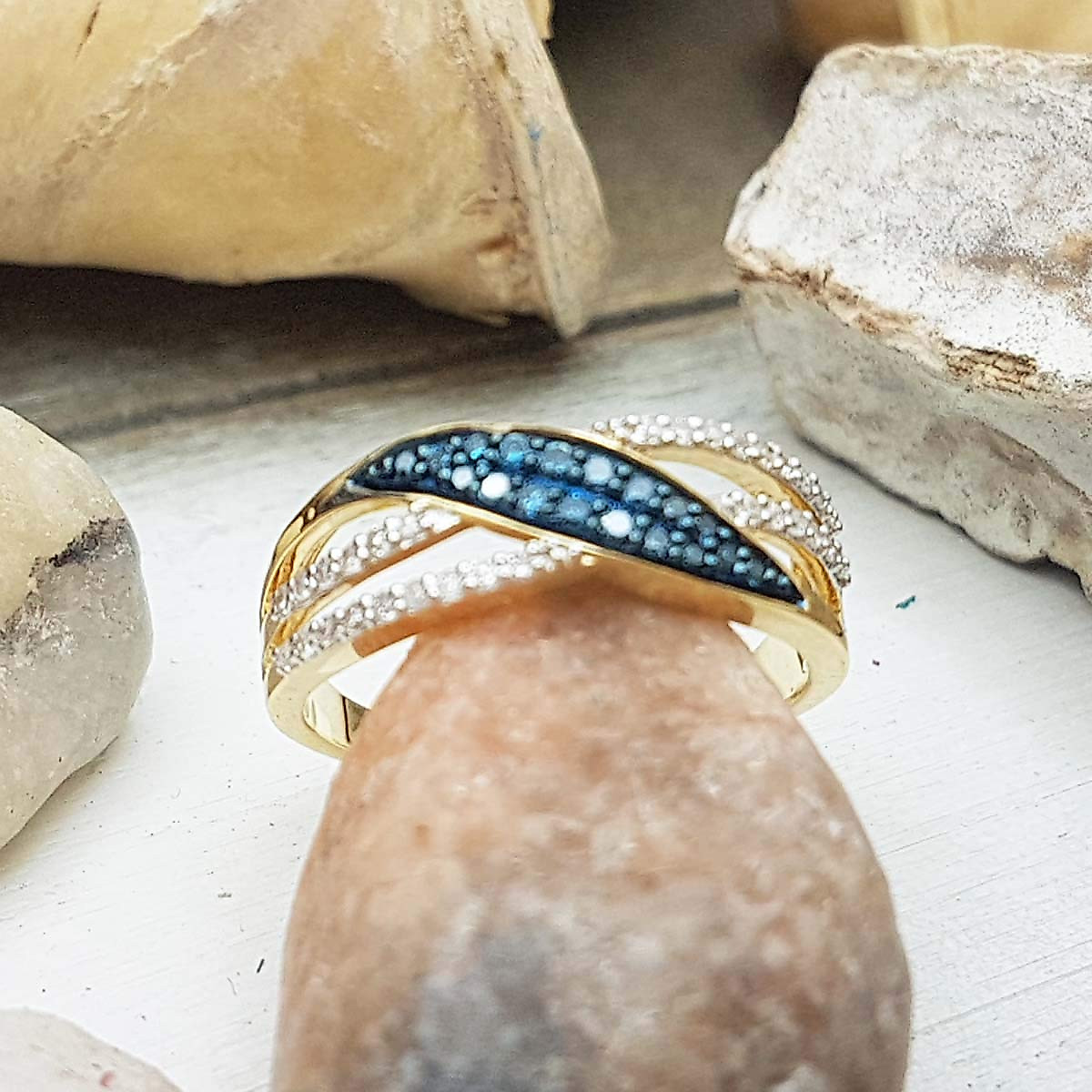 Dazzlingrock Collection 0.40 Carat (ctw) 10K Round Blue & White Diamond Cocktail Right Hand Ring, Yellow Gold, Size 8.5