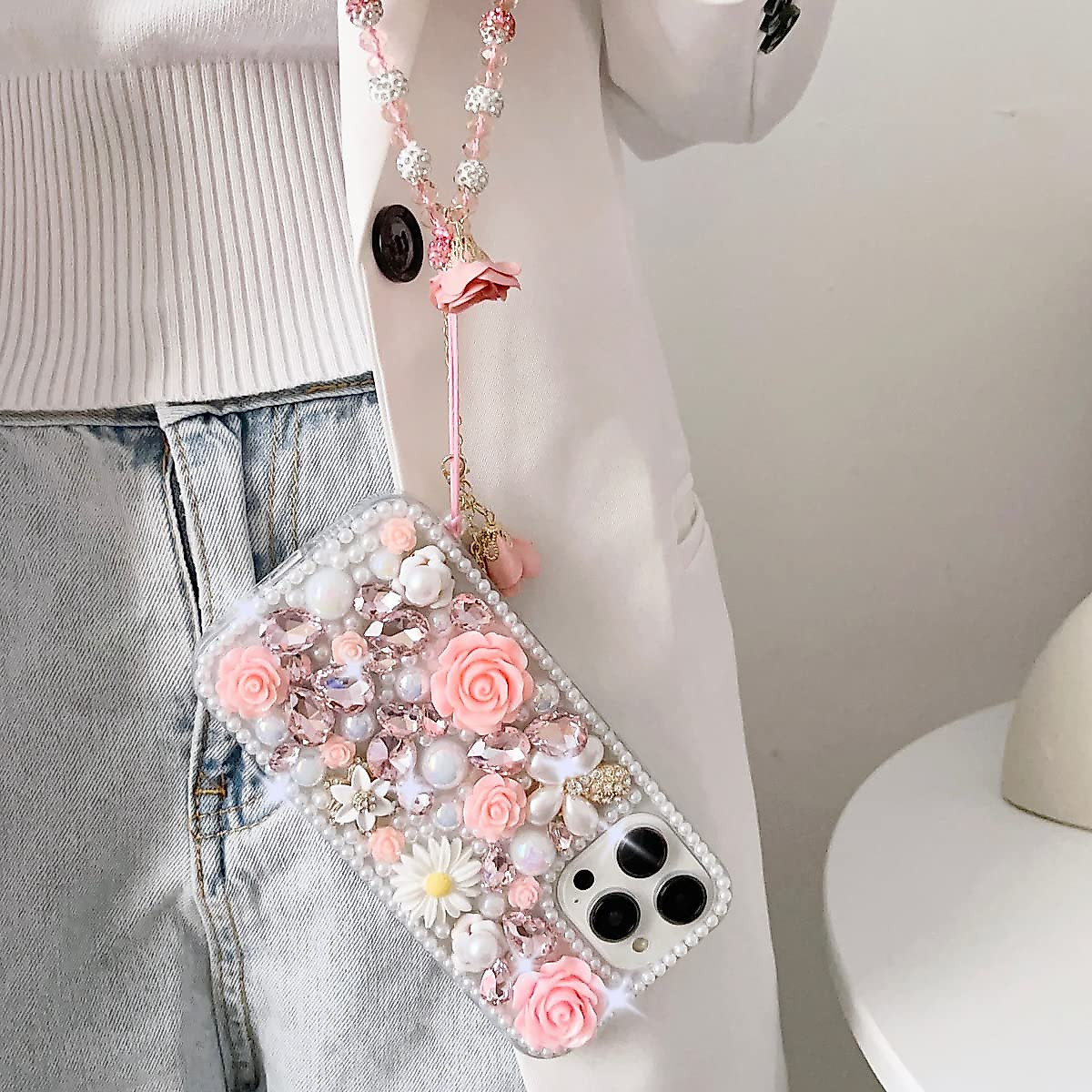 Changjia for iPhone 13 Pro Max Glitter Bling Case, Cute Luxury 3D Crystal Rhinestone Flowers Diamond Pearl with Wrist Strap Bracelet Chain Women Girls Case Cover for iPhone 13 Pro Max 6.7Inch (Pink)