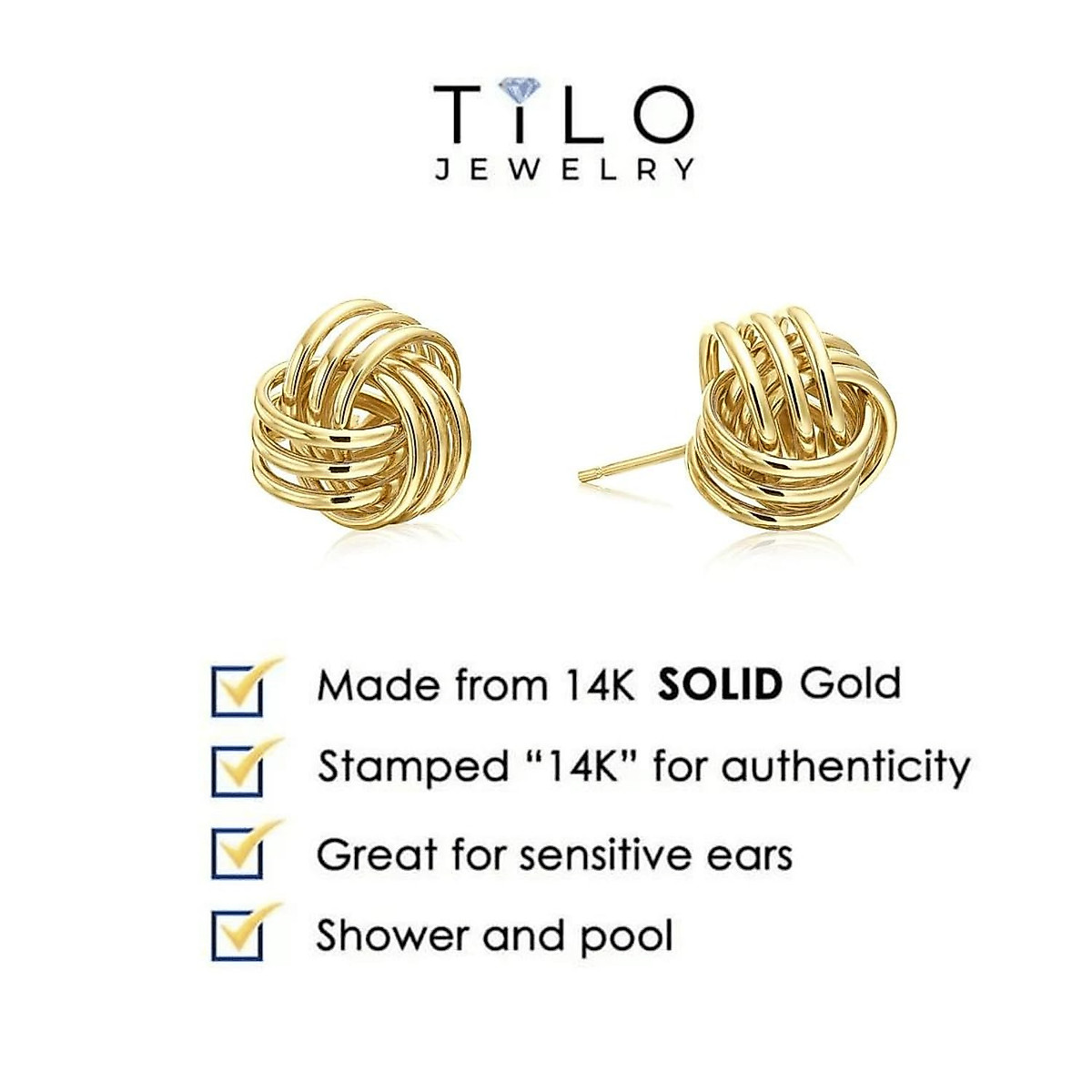 14k Gold Love Knot Stud Earrings, 11mm Diameter (Yellow Gold)……