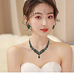 chaoyite Women's Statement Necklace Earrings Link Bracelet Set for Bride Austrian Crystal Wedding Bridal Costume Jewelry Sets (green crystal-black tone)