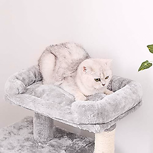 BEWISHOME Cat Tree Condo with Sisal Scratching Posts, Plush Perch, Dual Houses and Basket, Cat Tower Furniture Kitty Activity Center Kitten Play House, Light Grey MMJ06L