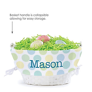 Personalized Easter Egg Basket For Him with Handle and Custom Name | Polka Dot Easter Basket Liners | White Basket | Woven Easter Baskets for Kids | Customized Easter Basket | Gift for Easter