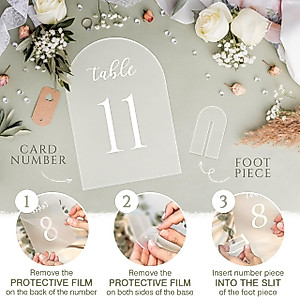 17 Pieces Wedding Table Numbers with Stands, Table Numbers 1-15 with Head Table and Gift Table, 5x7 Inch Frosted Arch Acrylic Table Numbers with White Letters, Table Numbers for Wedding Reception