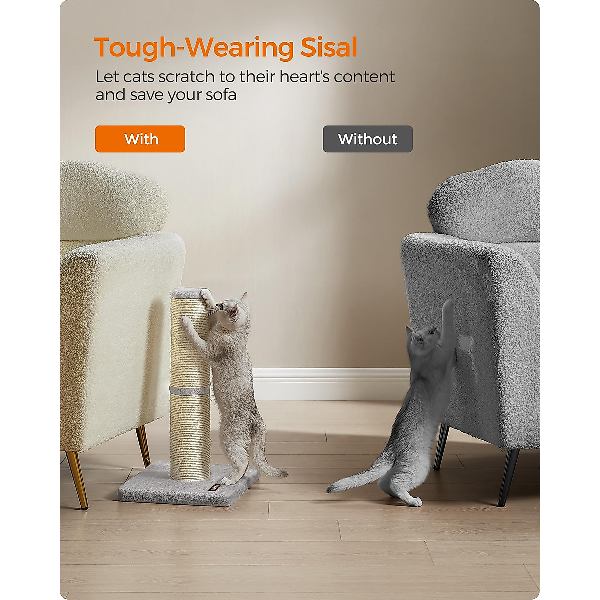 Feandrea Cat Scratching Post, 20.8-Inch Tall Cat Scratcher for Kittens, Small and Medium Cats, Sisal Scratch Pole, Spring Pompom with Built-in Bell, Dove Gray UPCA023G01