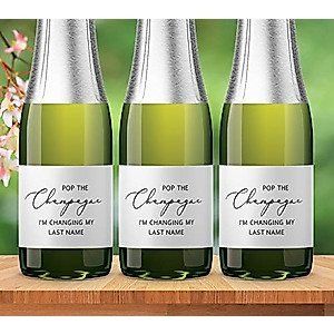 POP the Champagne I’m Changing My Last Name Labels ● SET of 12 ● Bachelorette Party Bridal Shower Bride Squad Mini Champagne Bottle Labels Wine Label Alternative to cards shirts (Minimalist)