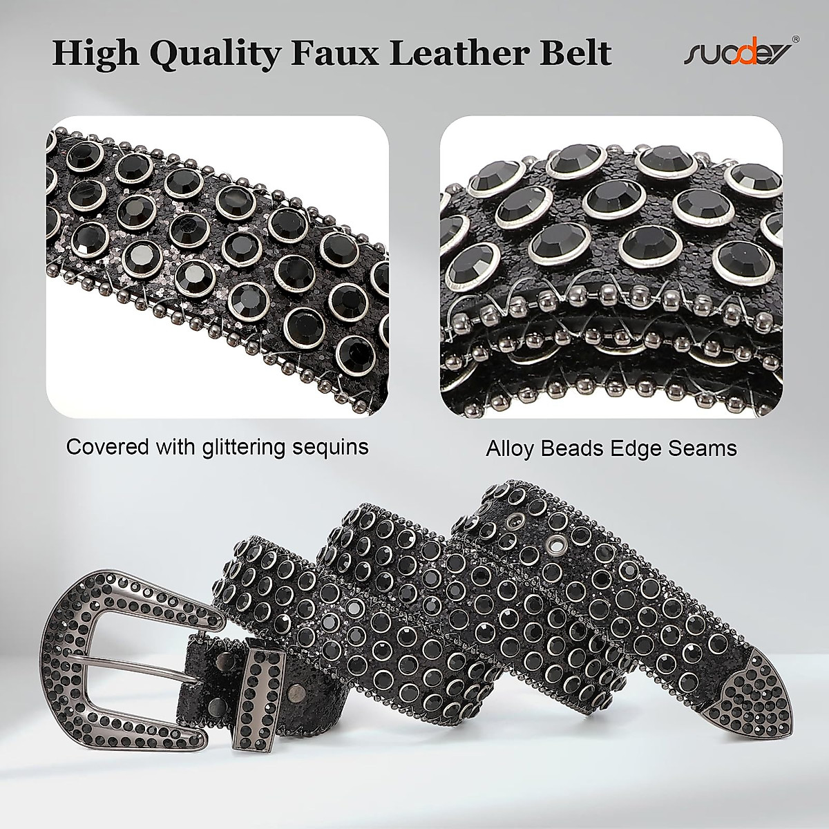SUOSDEY Men Women Fashion Rhinestone Belt Western Cowgirl Bling Studded Design Leather Diamond Belt for Jeans Dress