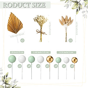 53 Pcs Boho Cake Topper Mini Balls Cake Toppers Foam Balloon Cake Toppers Palm Leaves Artificial Dried Flower Cake Toppers for Baby Shower Birthday Wedding Cake Decoration (Gold)