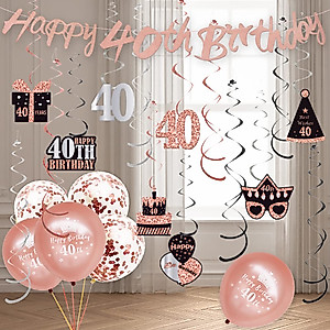 WOJOGO 40th Birthday Decorations Women, Rose Gold & Black 40 Birthday Decorations For Women Men, Including Happy 40th Birthday Banner Hanging Swirls Cake Topper Balloons for Party Supplies